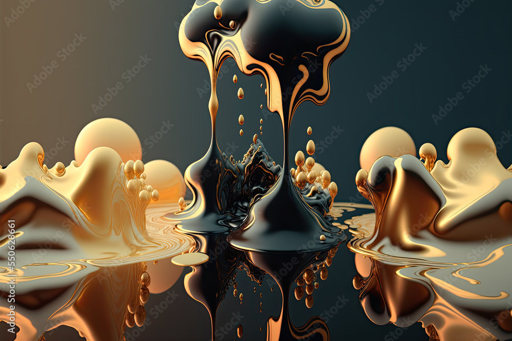 Abstract liquid black and gold paint background with voluminous drops ...