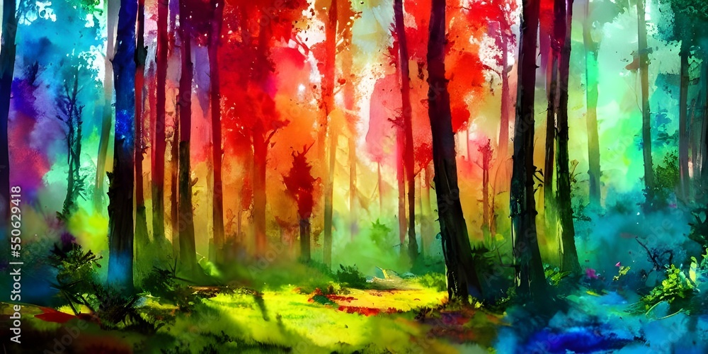 In this peaceful painting, a colorful forest is captured in watercolor ...