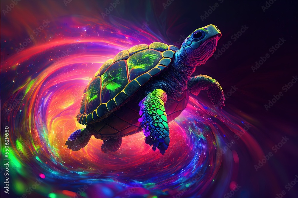 Digital illustration of an abstract big turtle shining in rainbow ...