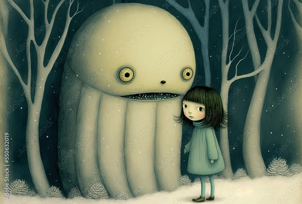 Girl with her familiar demon, cute illustration of a young girl and her ...