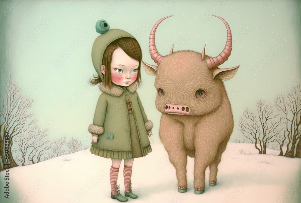 Girl with her familiar demon, cute illustration of a young girl and her ...