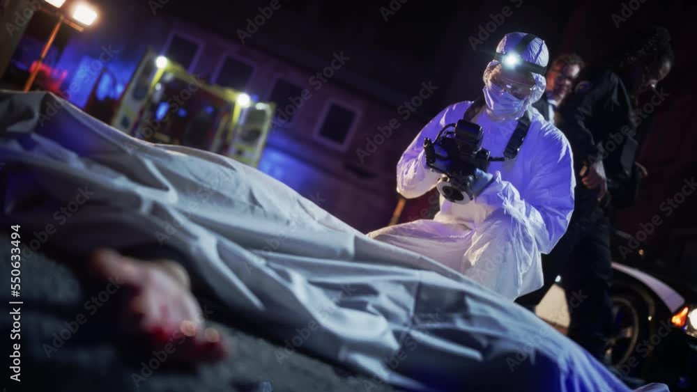 Crime Scene Investigation Team Working on a Case of Homicide at Night ...