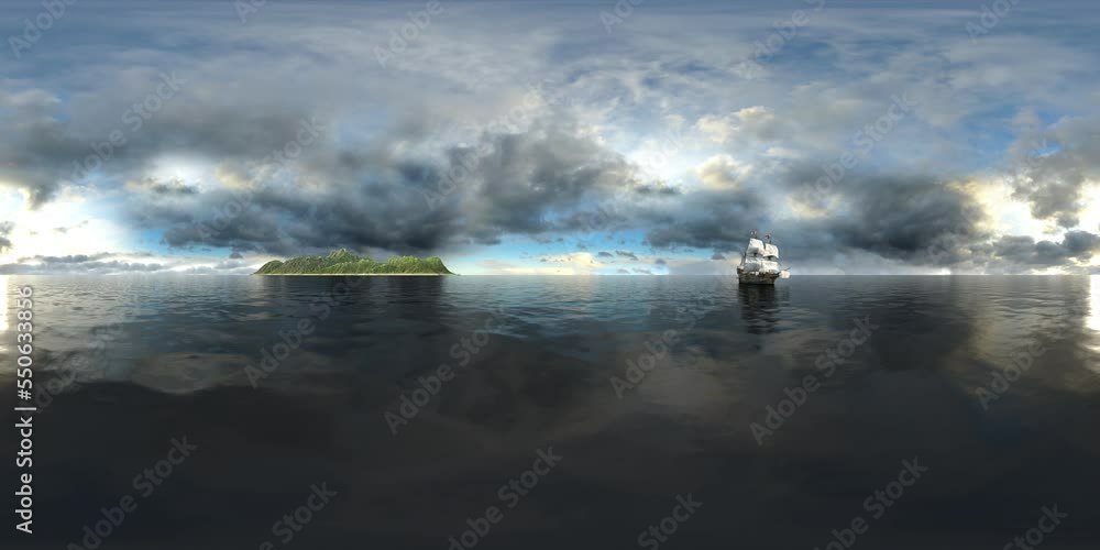 Open sea environment background with ship, land and animated water and ...