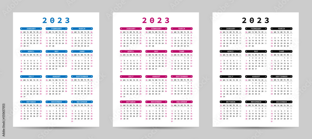 Calendar 2023 vertical template, simple minimal design. Week starts on ...