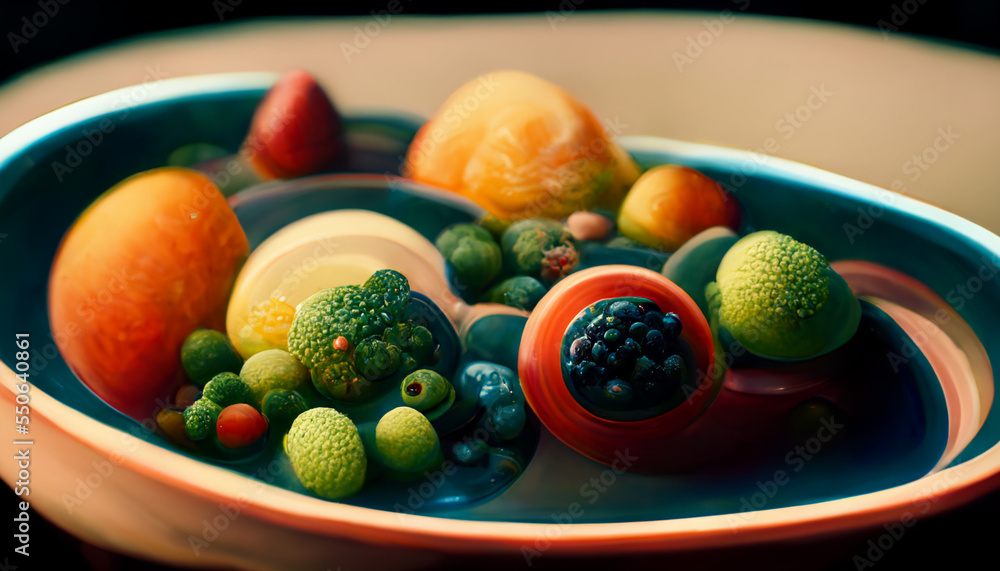 Bowls with fruits and vegetables, colored, realistic, with a higher ...
