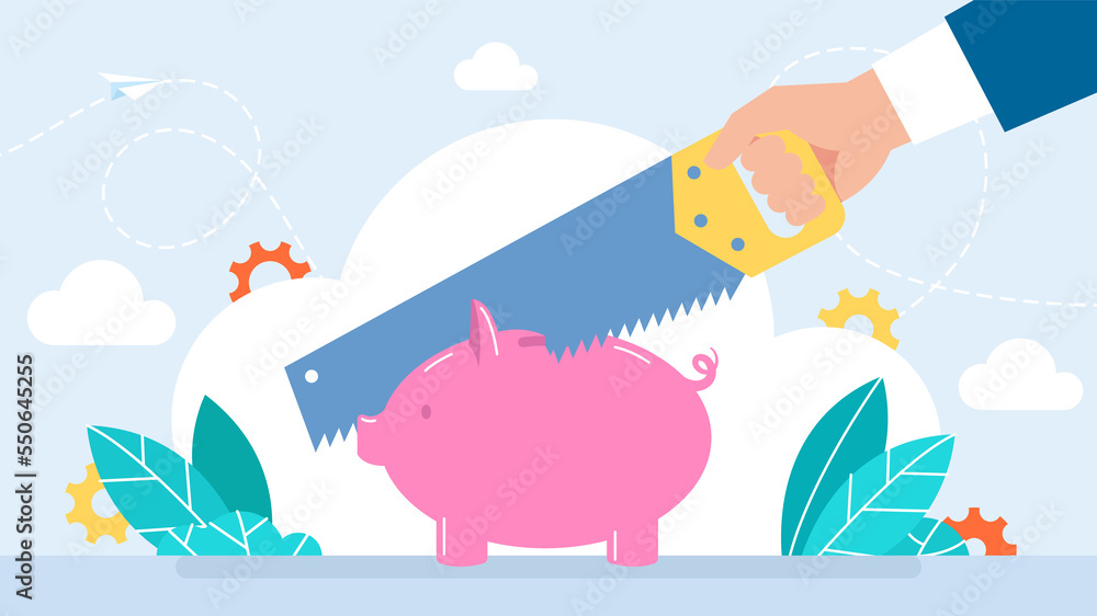 Corruption. A businessman cuts a budget, a treasury with a hand saw ...