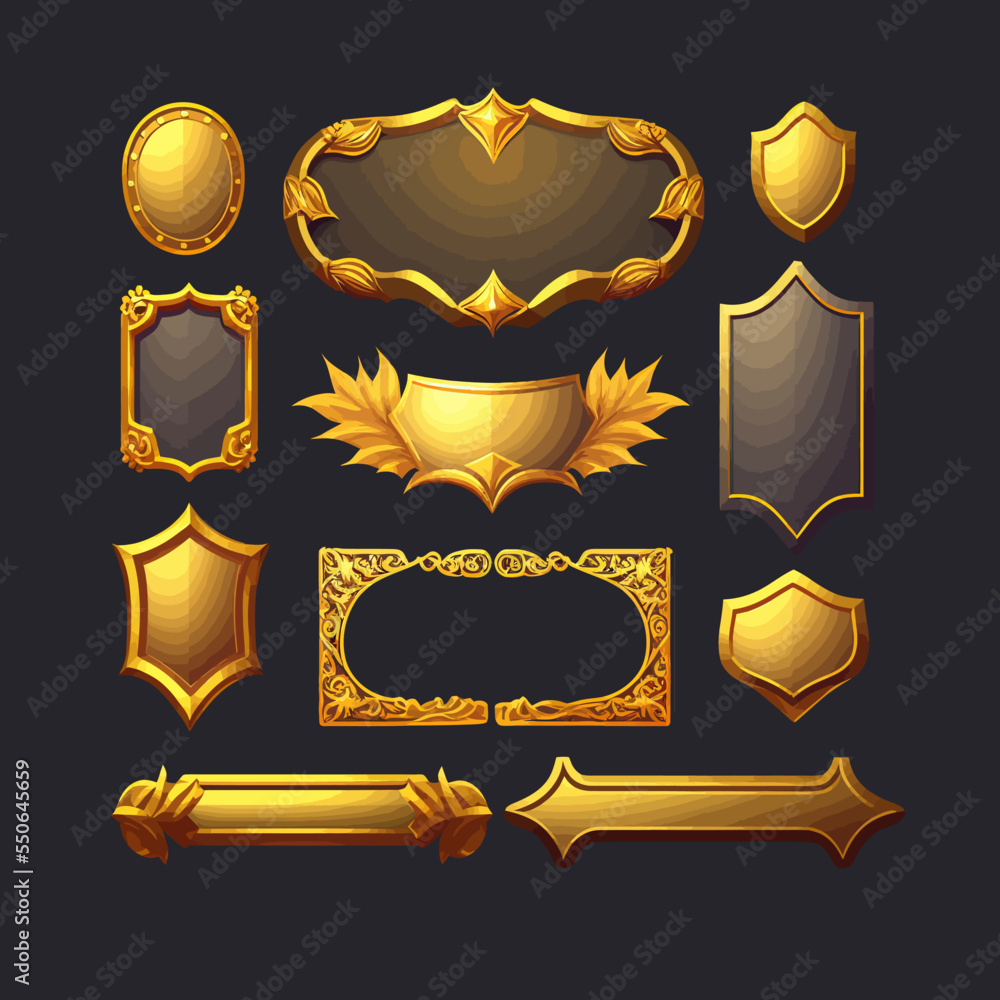 Gold game ui frames, medieval menu elements, buttons or banners with ...