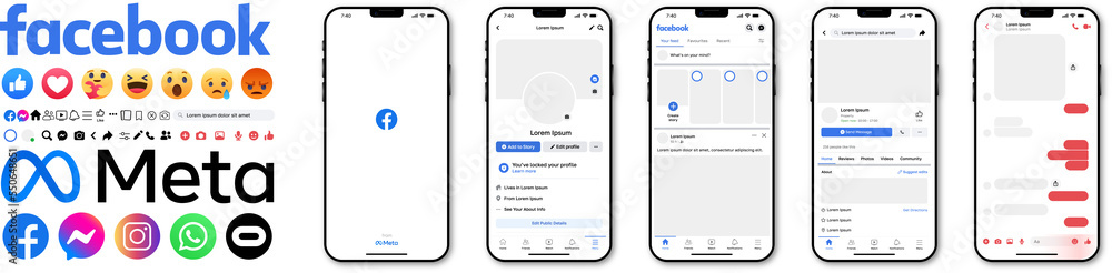 Facebook mockup set. Facebook mobile App interface template on Apple ...