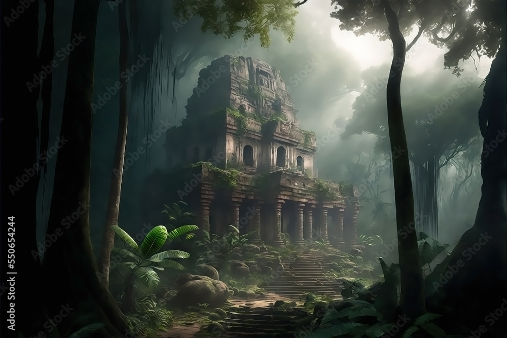 Mayan temple in the middle of a tropical jungle. Acrylic digital ...