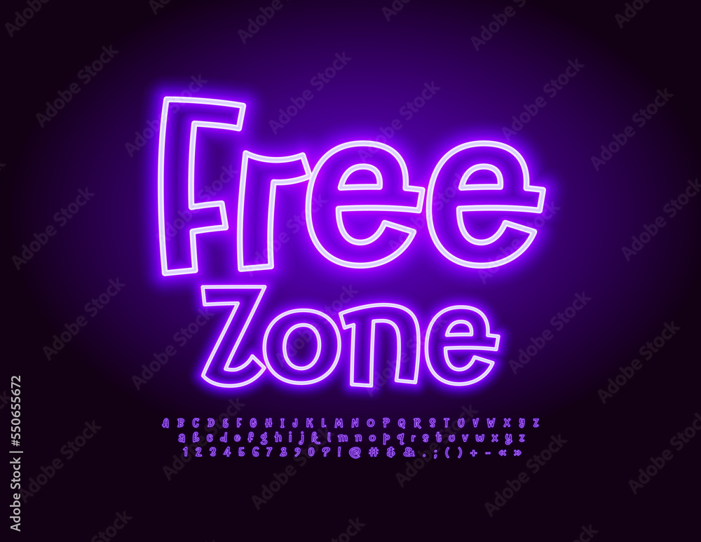 Vector trendy banner Free Zone. Purple Neon Alphabet Letters, numbers ...