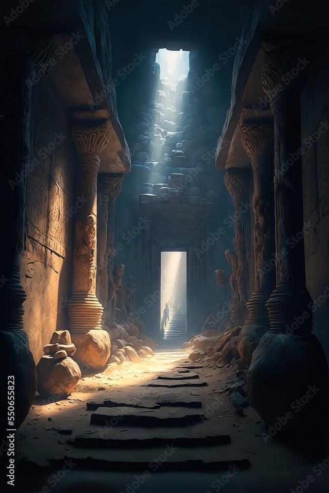 Ancient ruins site. Stone pillars and archways. Forgotten dynasty ...