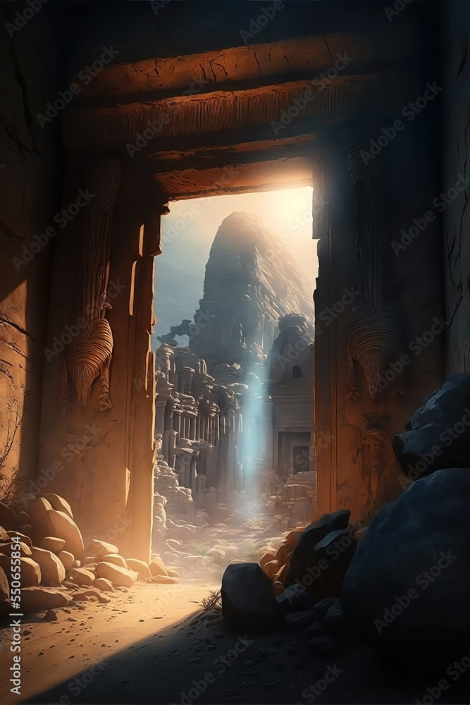 Ancient ruins site. Stone pillars and archways. Forgotten dynasty ...