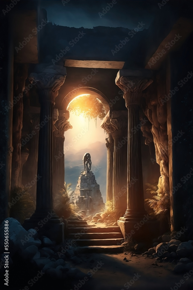 Ancient ruins site. Stone pillars and archways. Forgotten dynasty ...