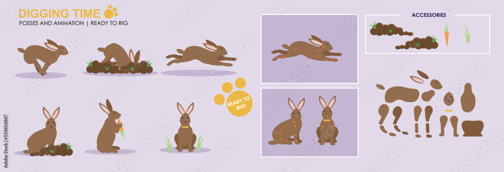 Cute brown rabbit, bunny digging with accessories ready for animation ...