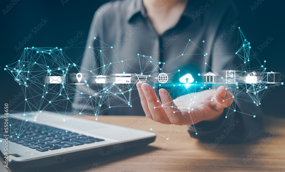 Midsection woman hold hologram screen displaying modern cloud based web ...