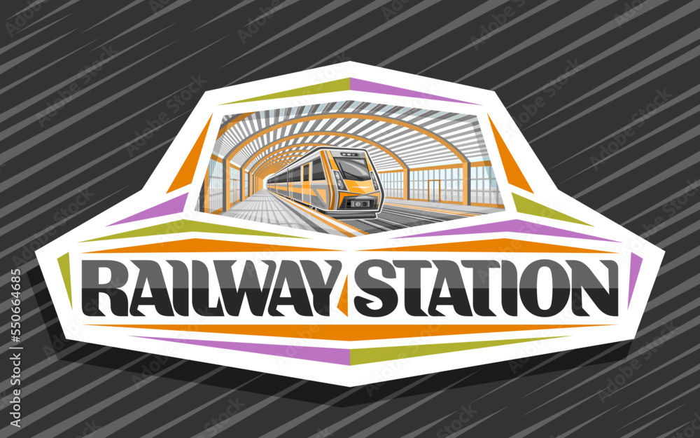 Vector logo for Railway Station, white decorative sign board with ...