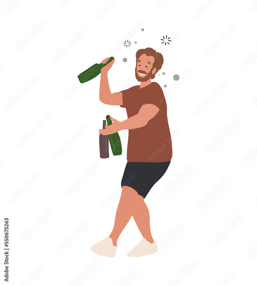 Drunk adult Man with bottles of wine in his Hands. Cartoon flat vector ...