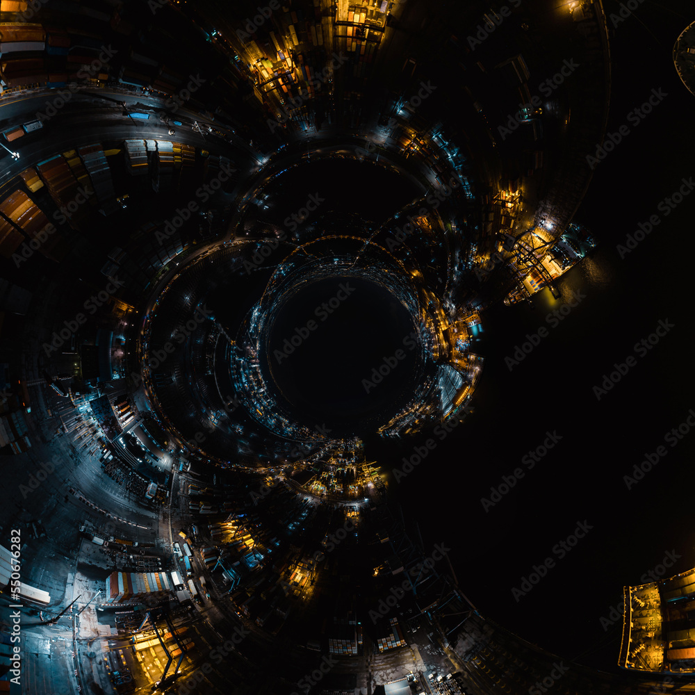 360 Wide Panoramic image of Container ship loading and unloading at ...