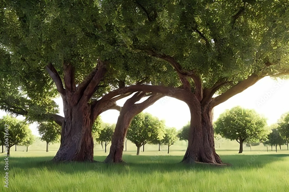 A big tree with multiple branches in a park. A sunny morning, sun beam ...