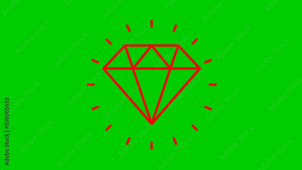 Animated red symbol of diamond. Radiance from rays around icon of jewel ...