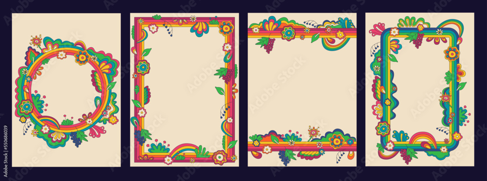 Psychedelic Retro Style Floral Frames Set. Vintage Botanic Borders ...