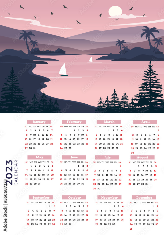 Vettoriale Stock Beautiful evening landscape Theam 2023 calendar with ...