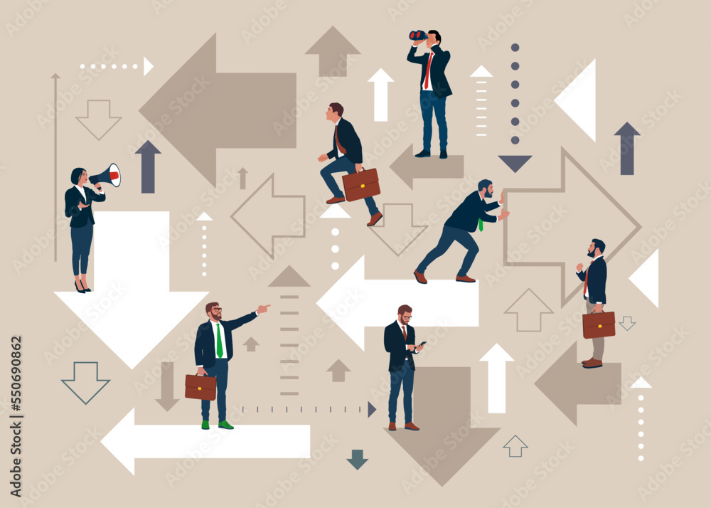 Businessman searching for direction standing at arrows pointing to many ...