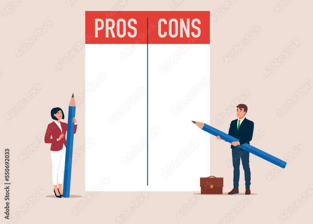 Businessman and partner and list pros and cons. Business advantages and ...