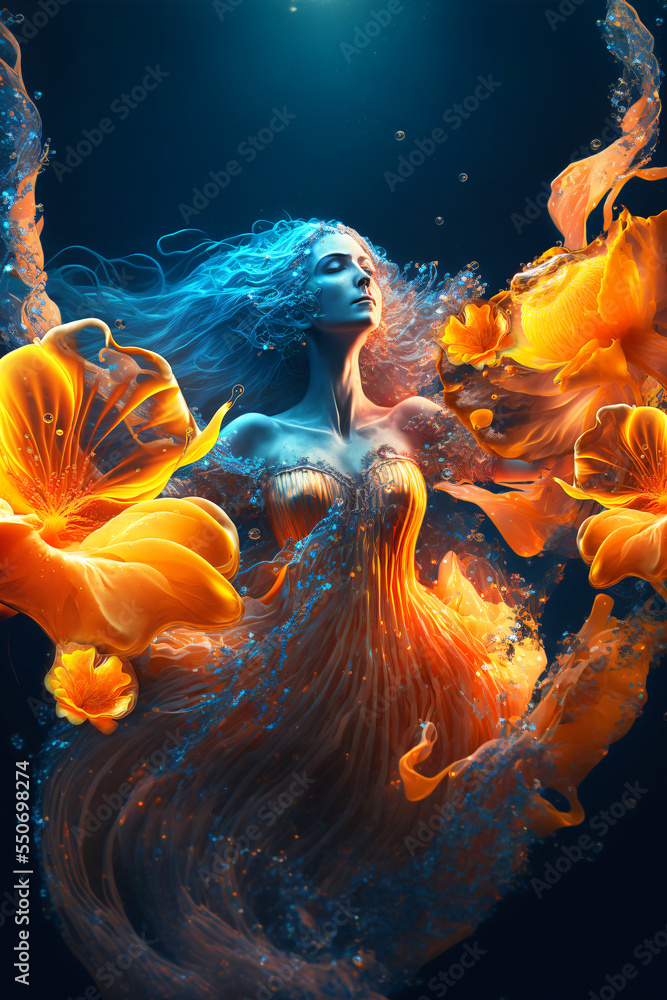 the magic ocean lady and orange flowers, beautiful young woman with ...