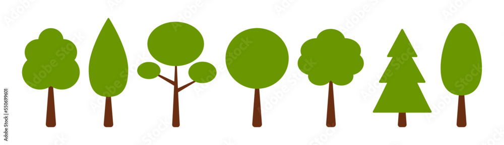 Flat vector tree set isolated objects colorful illustration in cartoon ...