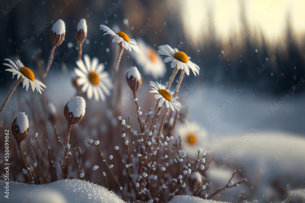 illustration of blossom white daisy covered with snow, snow fall, Stock ...