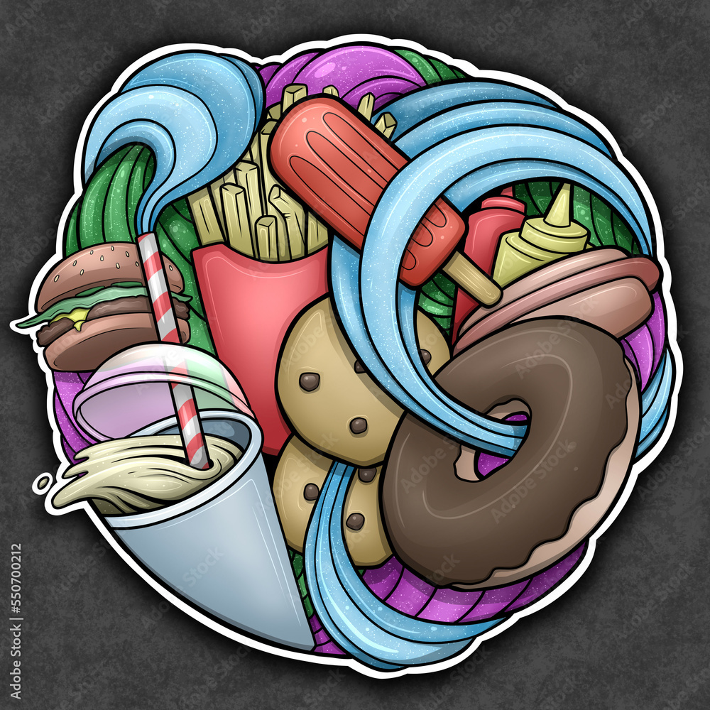 Circle Shaped Junk Food Doodle with Milk Shake, Hamburger, French Fries ...