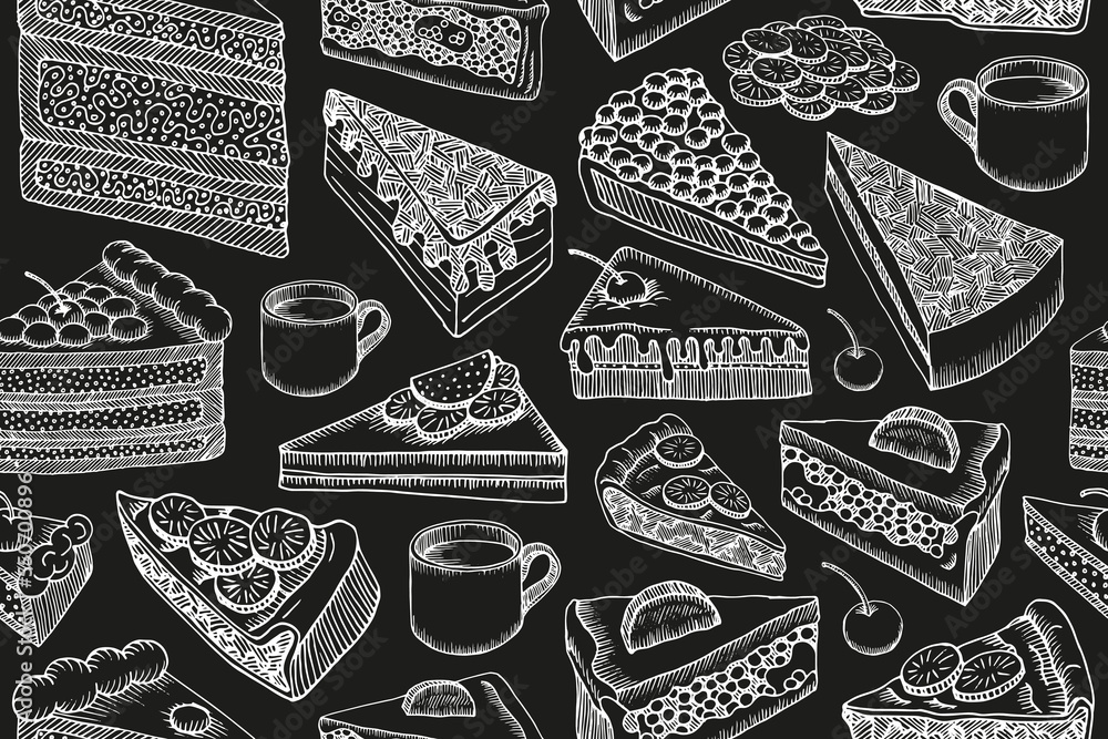Seamless background with different pieces of cakes. Hand drawn vector ...