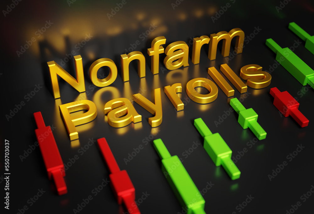 Nonfarm payrolls, nfp sign against the background of Japanese candlesticks, 3d rendering Stock ...