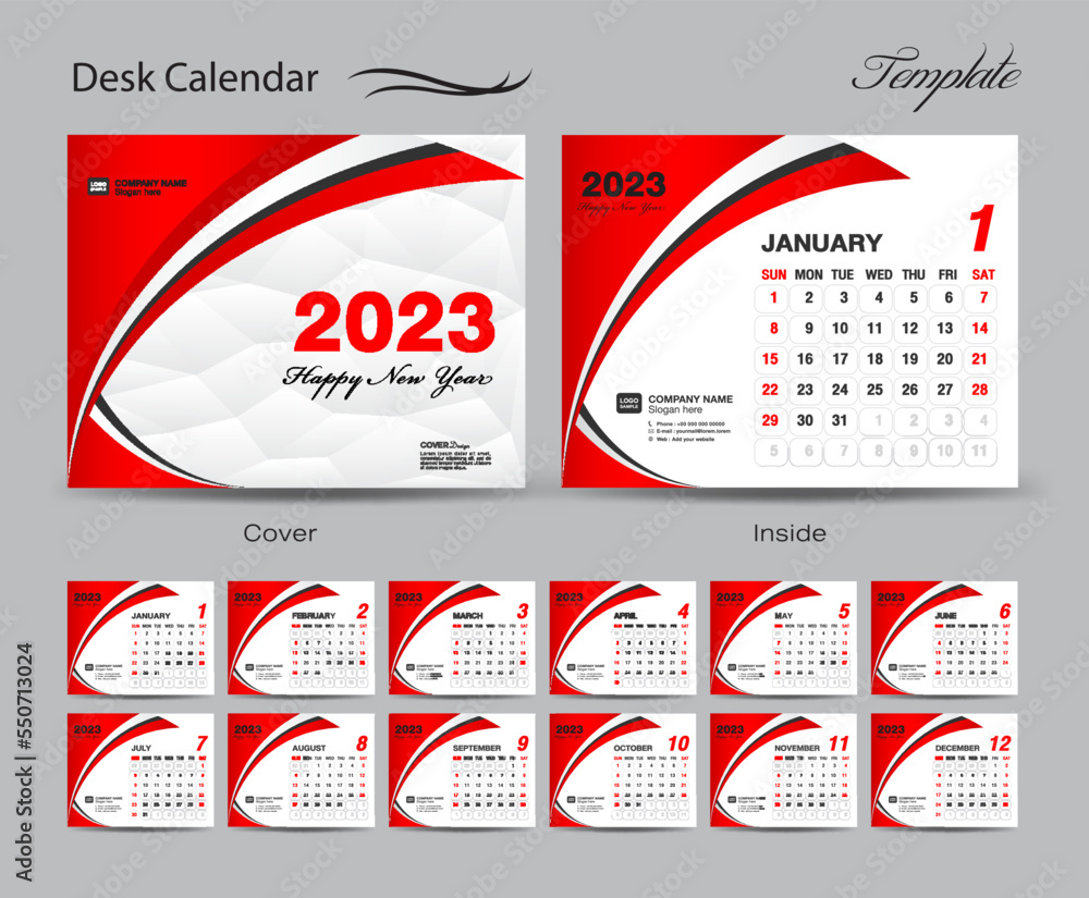 Calendar 2023 template set vector, Week starts Sunday, set of 12 month ...