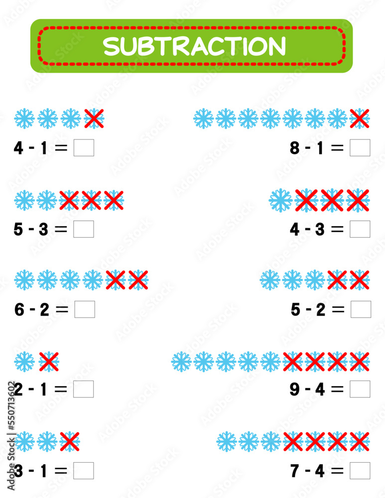 Subtraction. Math worksheet for kids. Developing numeracy skills. Solve ...