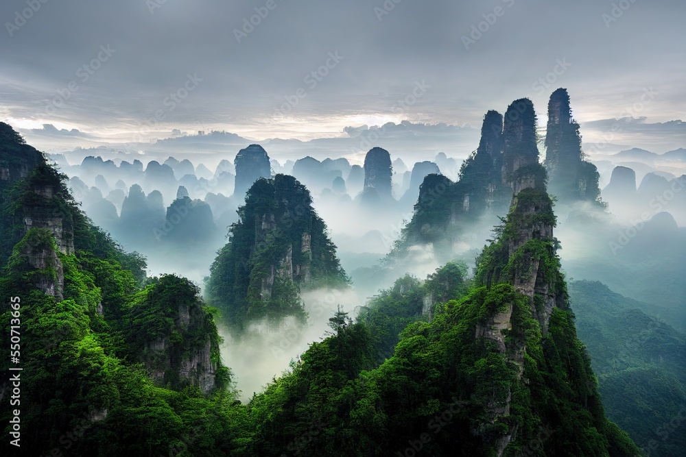 The green forest with mist and cloud of the Tianmen Mountain Known as ...