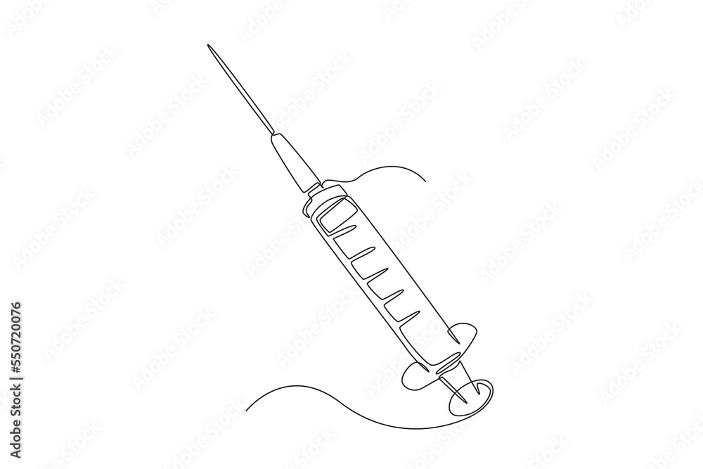 Single one line drawing medical syringe. The Syringe is filled with a ...