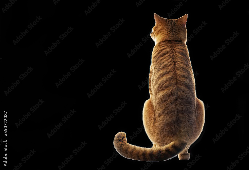 Backside view of red cat sitting isolated on black background. Rear ...