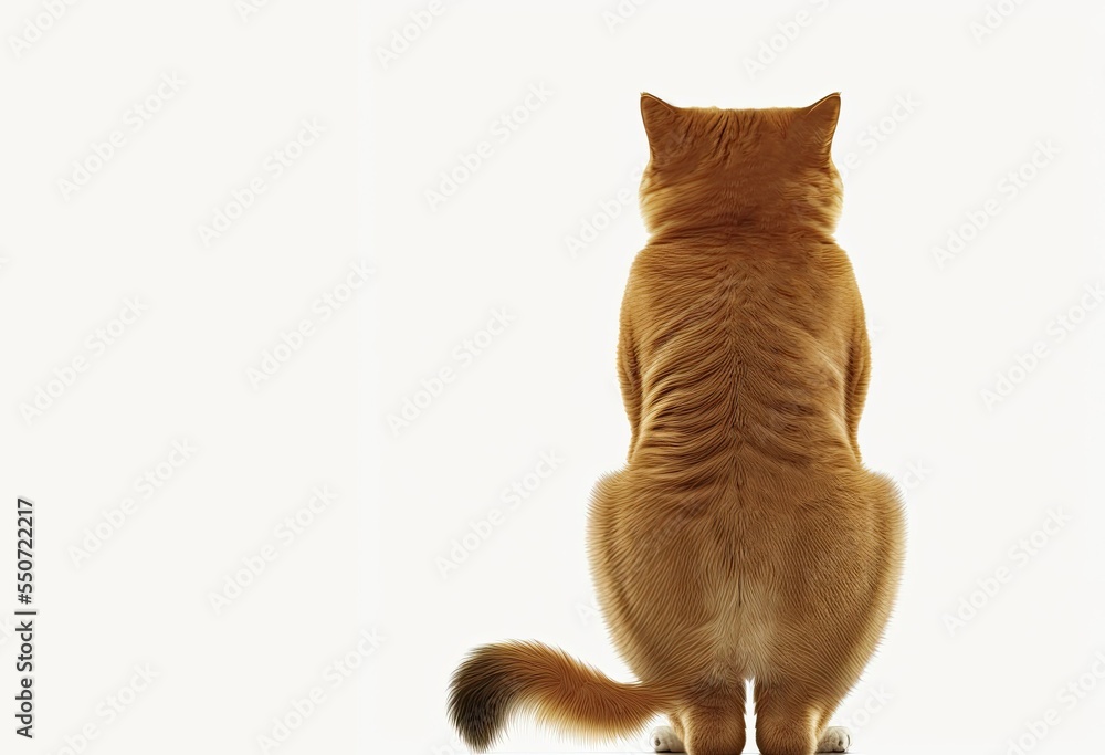 Backside view of red cat sitting isolated on white background. Rear ...
