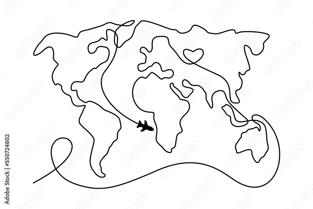 Continuous one line drawing a world map vector on white background ...