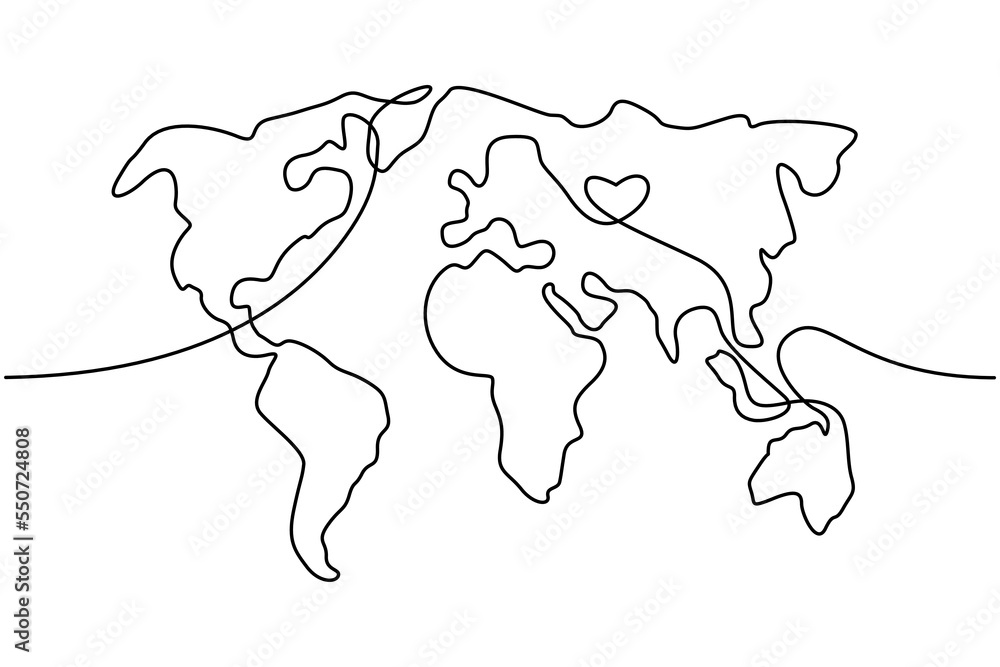 Continuous one line drawing a world map vector on white background ...
