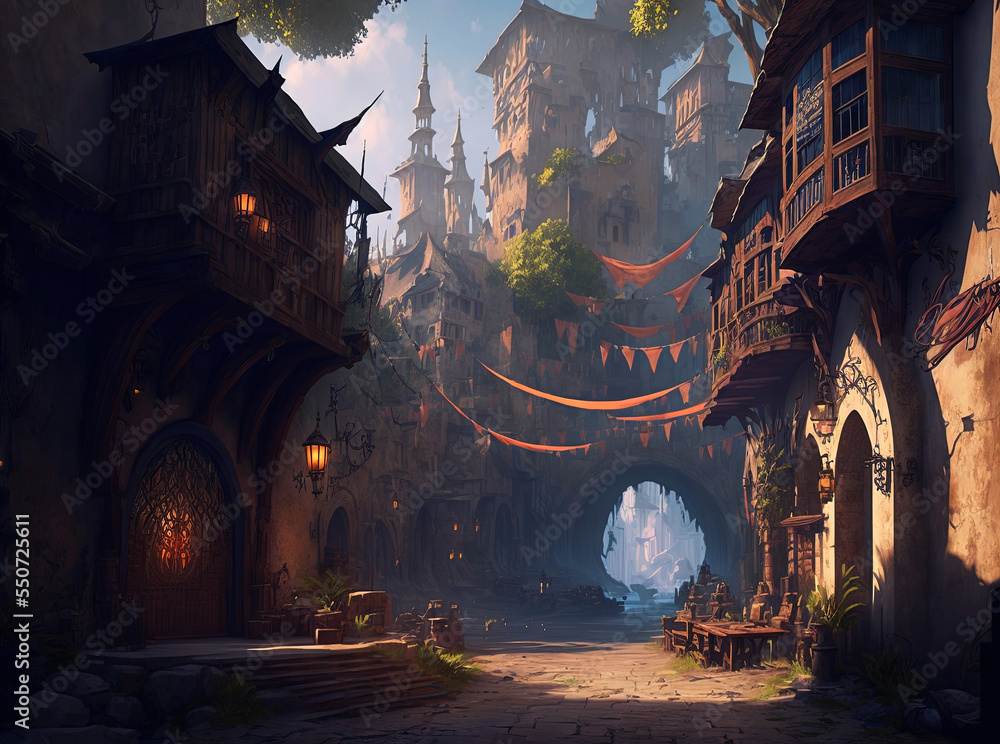 Magical medieval city street with medieval buildings, Digital art ...