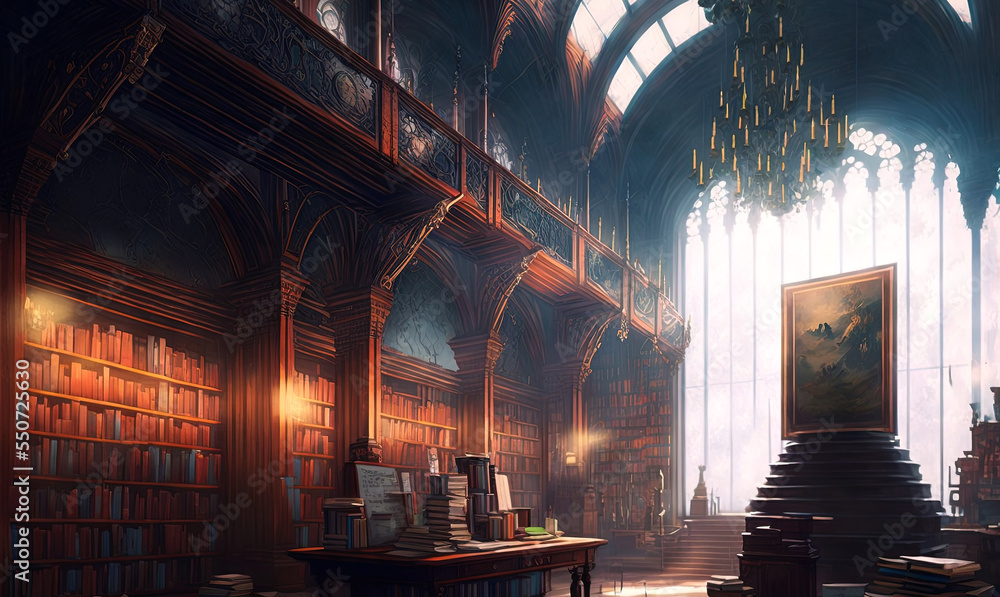 Mysterious dark academia library, digital concept art. Dark academia ...