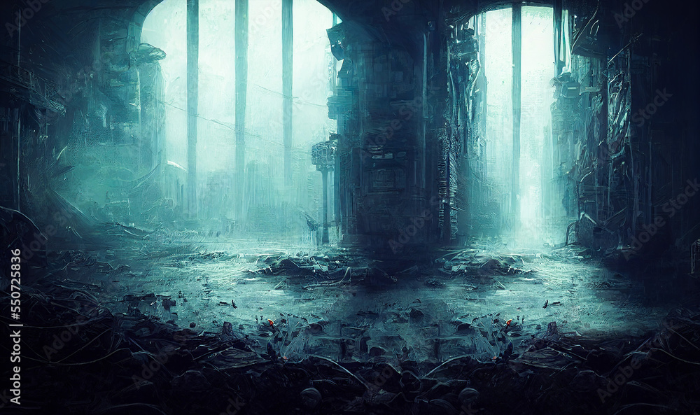 Horrifying abandoned building, dark environment, 3D rendering. Horror ...