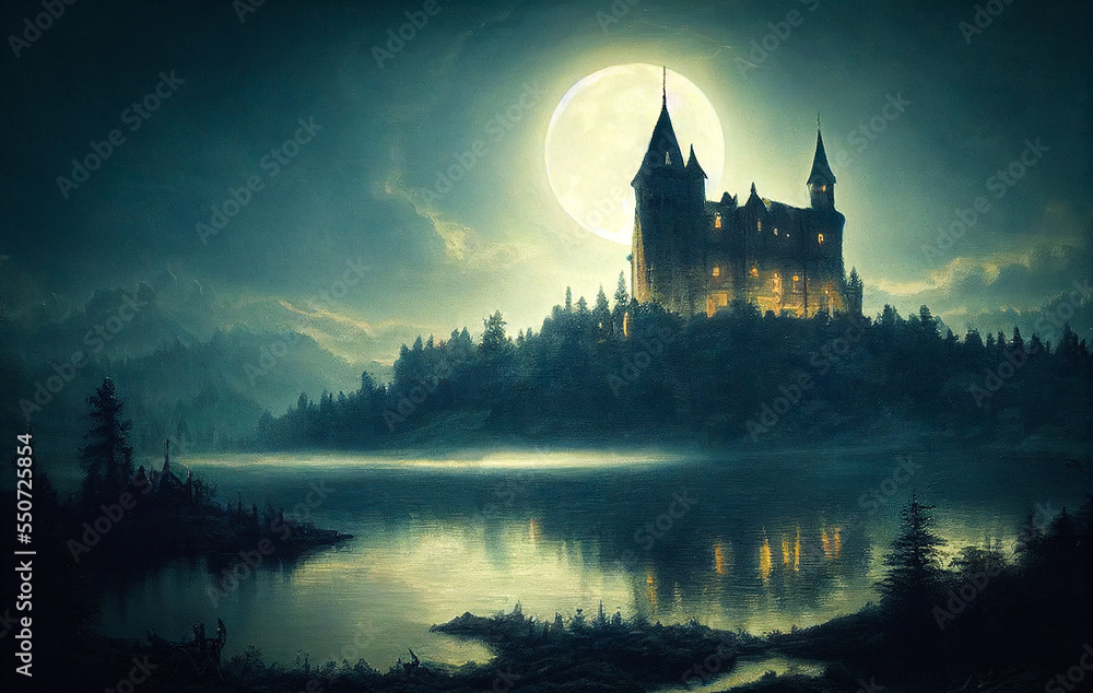 Fantasy night scene with gothic architecture castle and full moon in ...