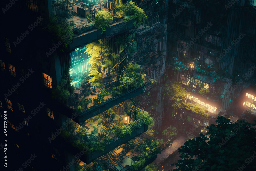 Futuristic cyberpunk building covered in plants and vegetation, 3D ...