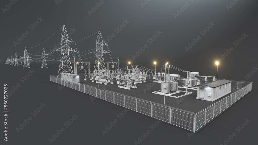 Electrical distribution substation with power lines and transformers on ...