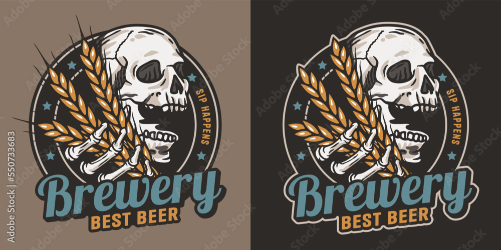 Beer emblem with skull and barley. Skeleton with barley in bone hands ...