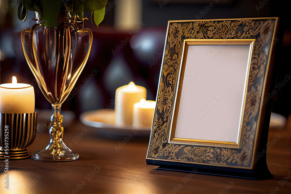 classic retro ornate blank empty photo frame at home table mockup Stock ...